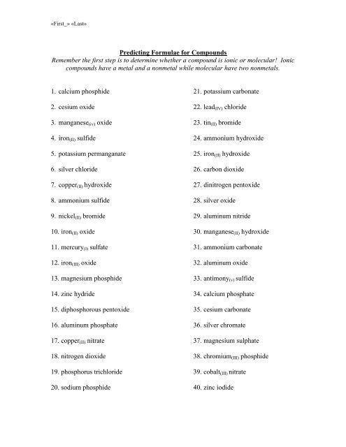 Chemistry Naming Worksheet