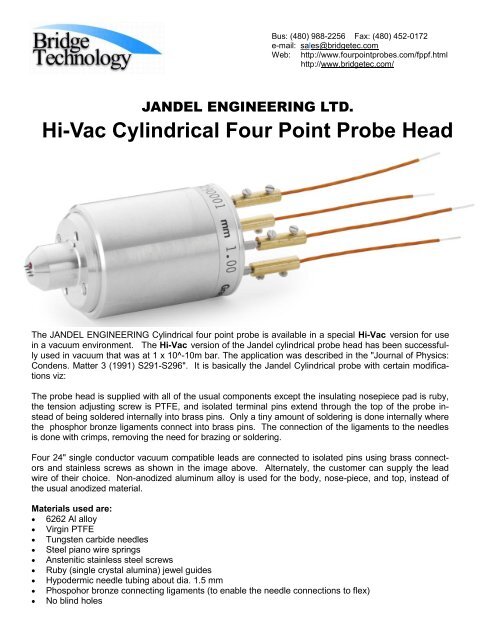 Hi-Vac Cylindrical Four Point Probe Head - Four Point Probes