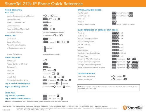 ShoreTel 212k Quick Reference Guide
