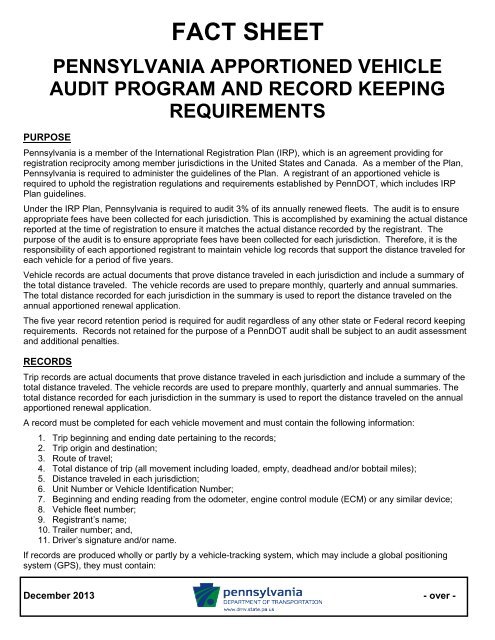 PennDOT Fact Sheet PA Apportioned Registration Audit