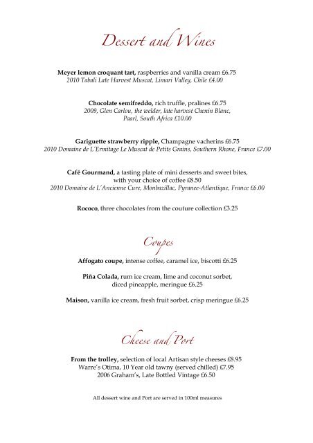 Sample Dessert Menu - The Chester Grosvenor