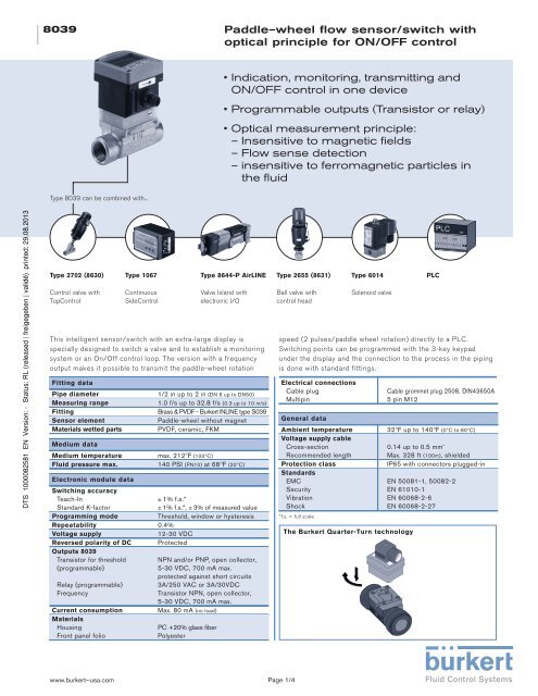 Paddleâ wheel flow sensor - BÃ¼rkert Fluid Control Systems