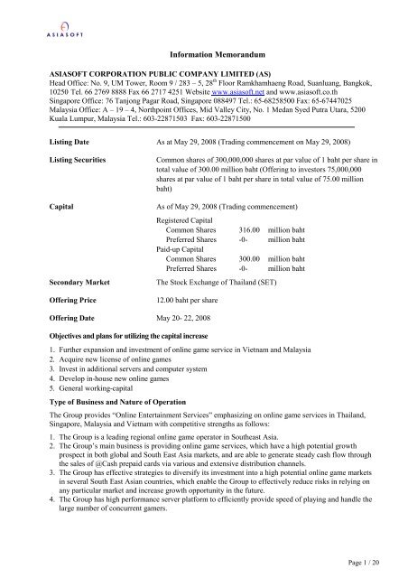 Information Memorandum - Investor Relations