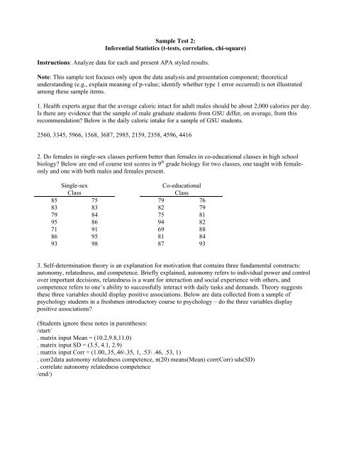 Sample Test 2: Inferential Statistics (t-tests, correlation, chi-square ... Sample Test 2: Inferential Statistics (t-tests, correlation, chi-square ...