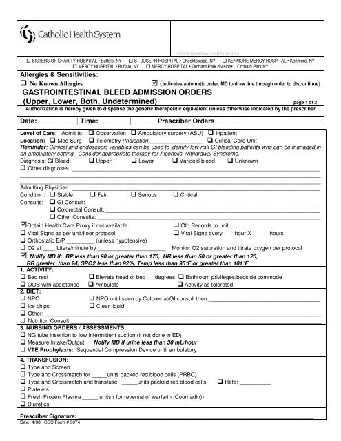 GASTROINTESTINAL BLEED ADMISSION ORDERS (Upper, Lower ...