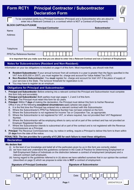 RCT1 - Principal Contractor / Subcontractor Declaration Form