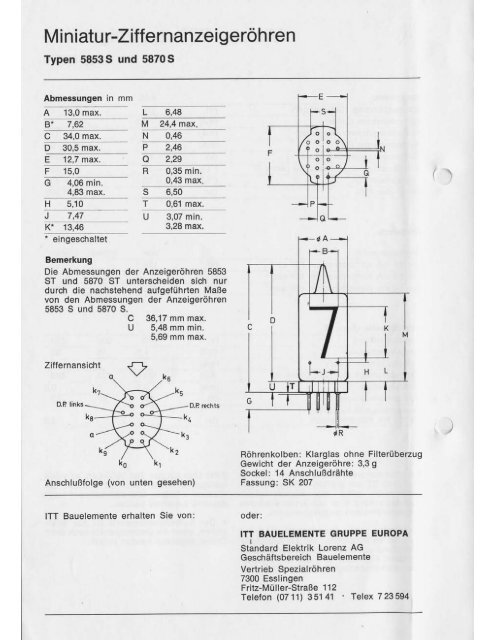 ITT datasheet: 5853S, 5853ST, 5870S, 5870ST Nixie ... - Tube-Tester