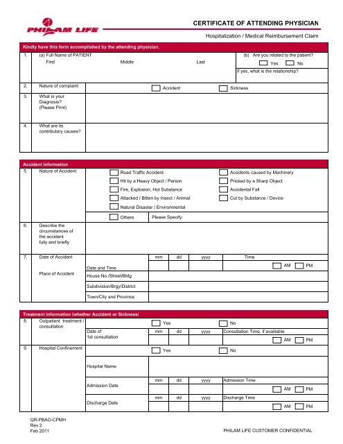 Certificate of Attending Physician for Hospitalization ... - Philam Life
