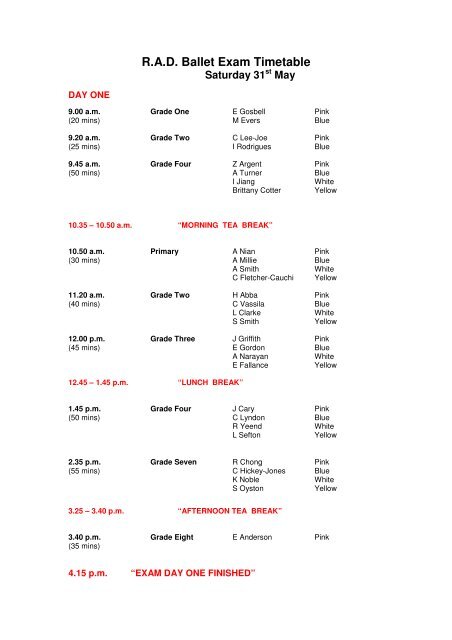R.A.D. Ballet Exam Timetable