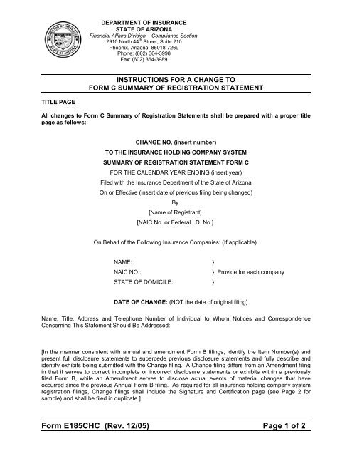 Form E185CHC - Arizona Department of Insurance