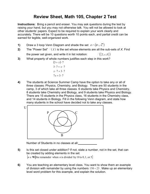 Review Sheet, Math 105, Chapter 2 Test