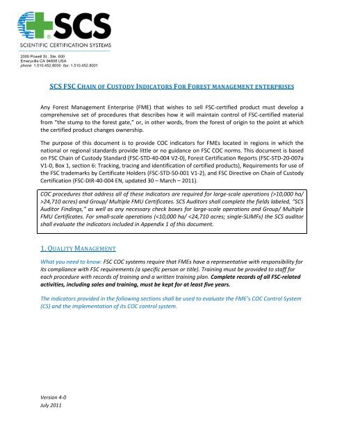 scs fsc chain of custody indicators for forest management enterprises