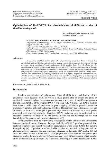 Optimization Of Rapd Pcr For Discrimination Of Rombio Eu