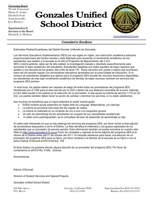 Supplemental Educational Services Letter to Parents - Spanish