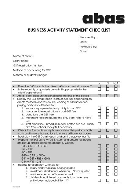 BUSINESS ACTIVITY STATEMENT CHECKLIST
