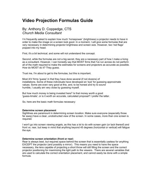 Video Projection Formulas Guide - Anthony Coppedge