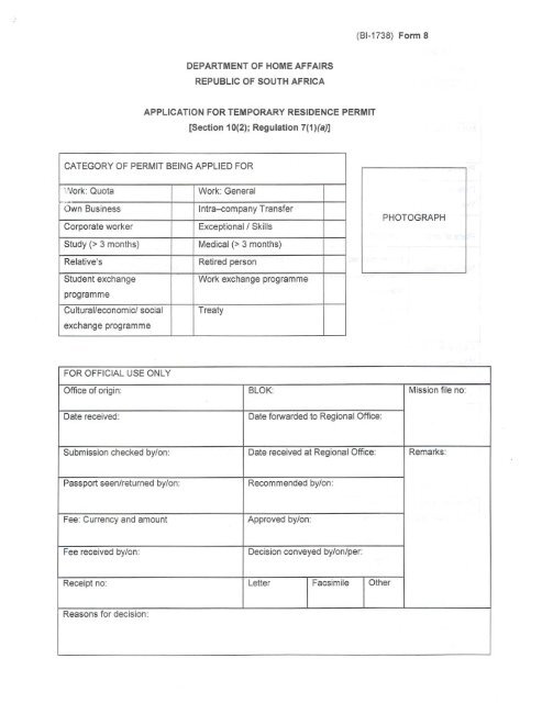 Application for temporary residence - South Africa