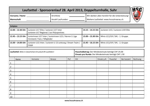 Laufzettel - Sponsorenlauf 28. April 2013 ... - HSC Suhr Aarau
