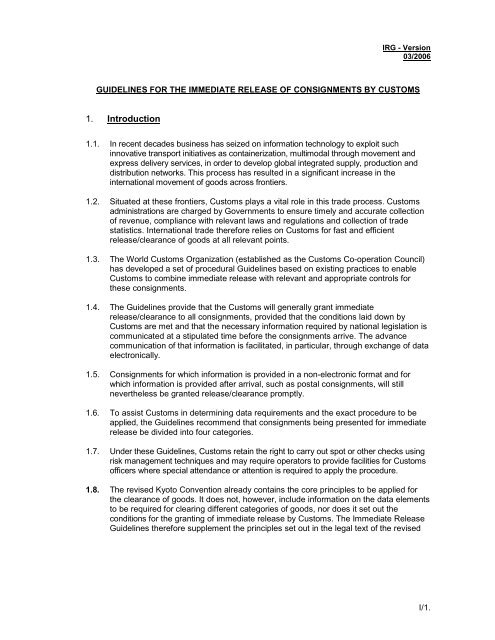 Immediate Release Guidelines - World Customs Organization