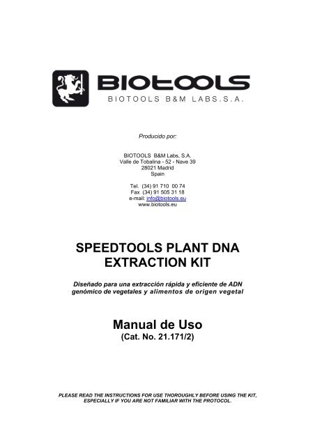 SPEEDTOOLS PLANT DNA EXTRACTION KIT Manual de ... - Biotools