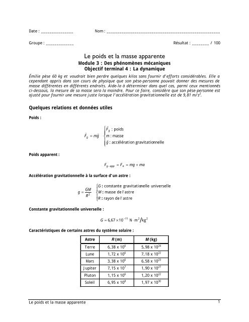 Le poids et la masse apparente