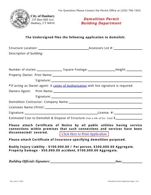 Demolition Permit Application - City of Danbury