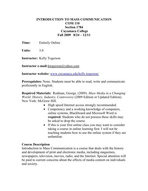 INTRODUCTION TO MASS COMMUNICATION - Cuyamaca College