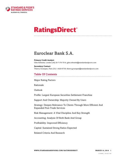 Standard and Poor's Euroclear bank Analysis