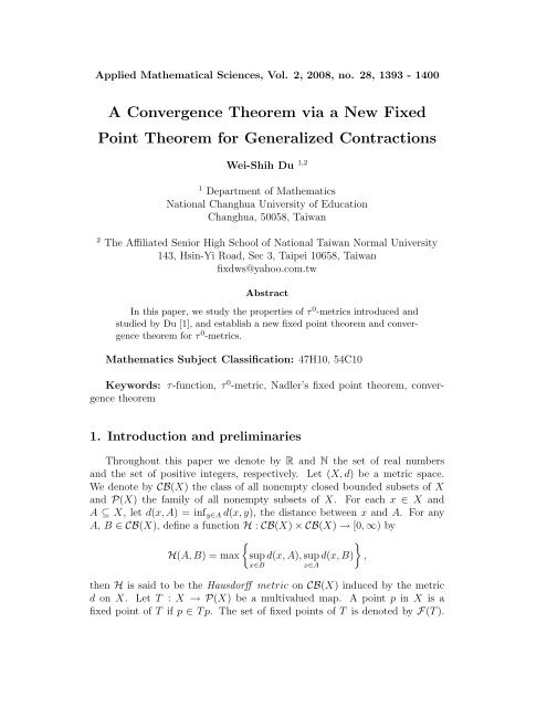 A Convergence Theorem via a New Fixed Point Theorem for ... A Convergence Theorem via a New Fixed Point Theorem for ...