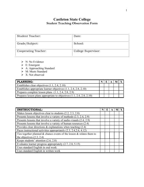 Student Teaching Observation Form - Castleton State College