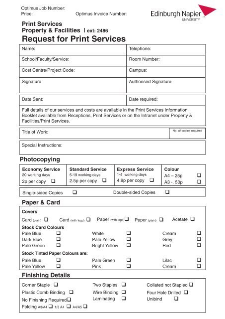 Print Services Request Form - Staff intranet