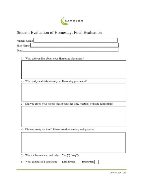 Student Homestay Evaluation form - Camosun College