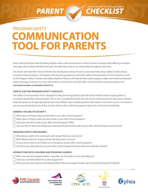 Program Safety Communication Tool for Parents - PHE Canada