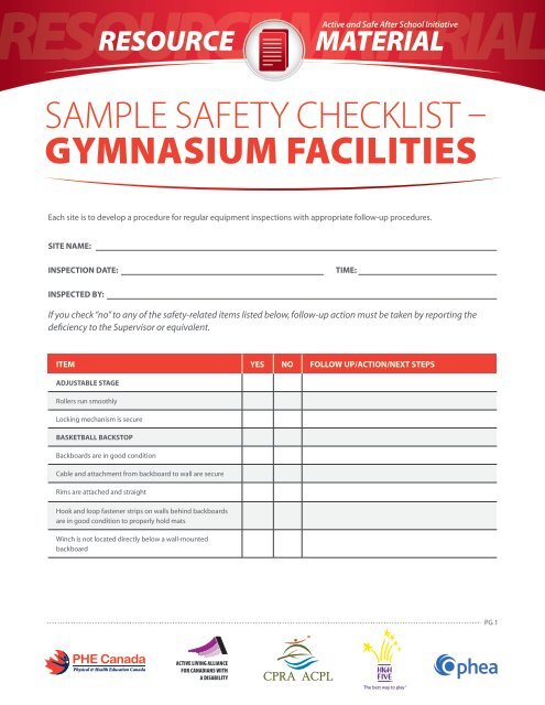sample safety checklist â gymnasium facilities - PHE Canada