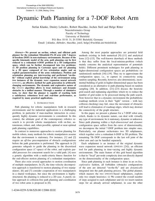 Dynamic Path Planning for a 7-DOF Robot Arm - PUB