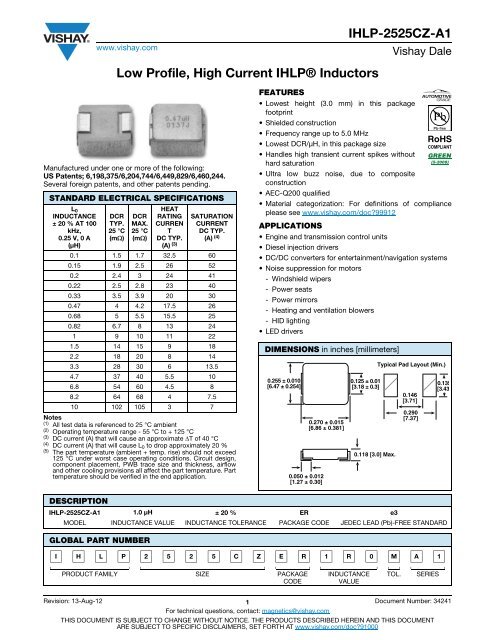 IHLP-2525CZ-A1 Low Profile, High Current IHLPÂ® Inductors - Vishay
