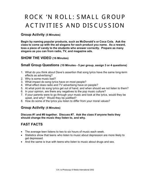 ROCK 'N ROLL: SMALL GROUP ACTIVITIES AND DISCUSSION