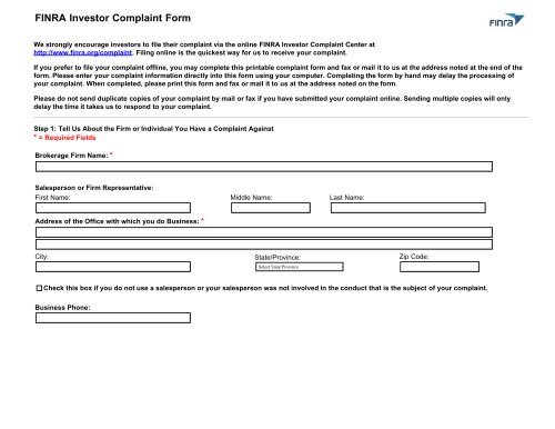 FINRA Printable Investor Complaint Form