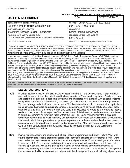 DUTY STATEMENT - California Correctional Health Care Services