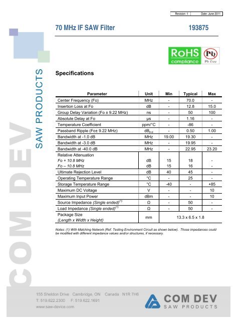 70 MHz IF SAW Filter 193875 - Com Dev