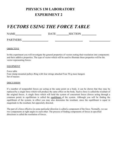 VECTORS USING THE FORCE TABLE - PAWS
