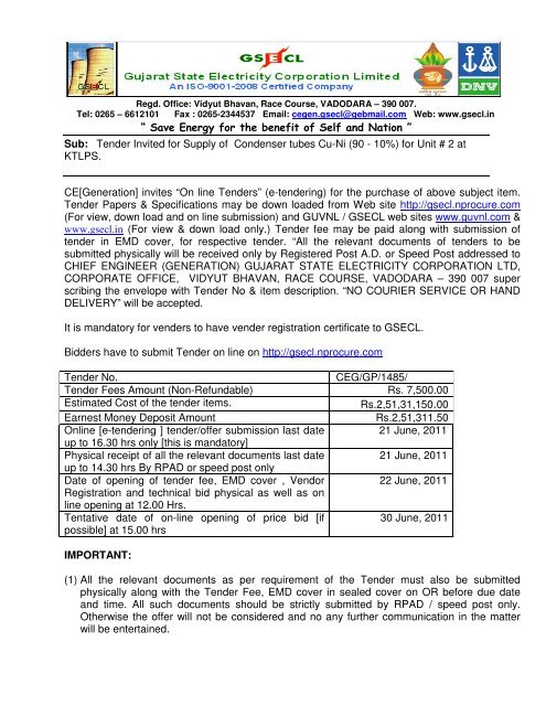 Tender Detail - Gujarat Electricity Board
