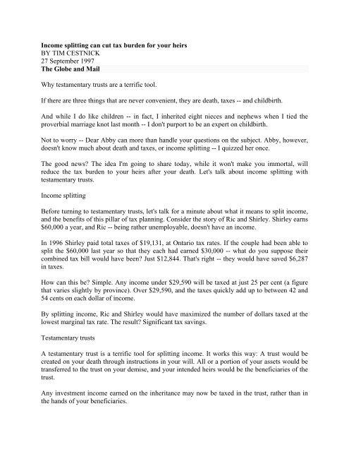 Income splitting can cut tax burden for your heirs BY TIM CESTNICK ...