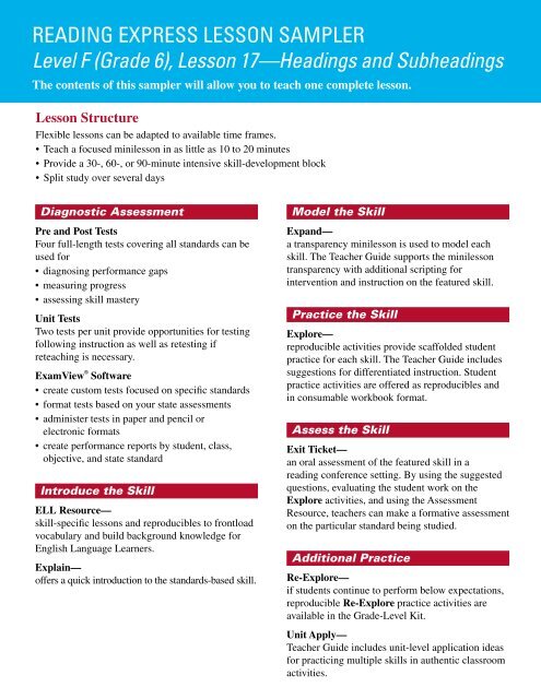 READING EXPRESS LESSON SAMPLER Level F - Perfection ...