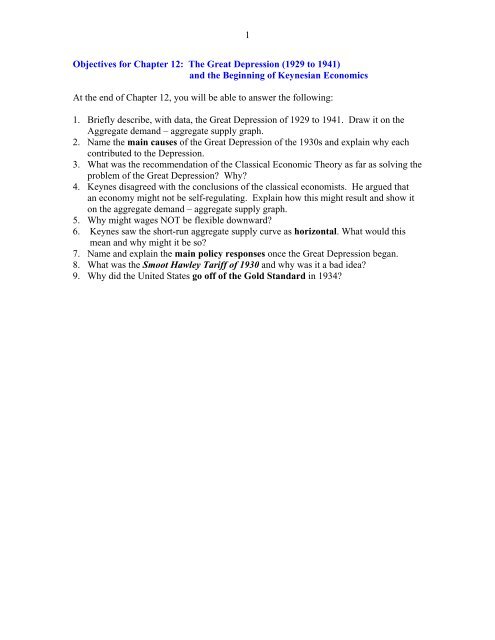 1 Objectives for Chapter 12: The Great Depression (1929 to 1941 ...
