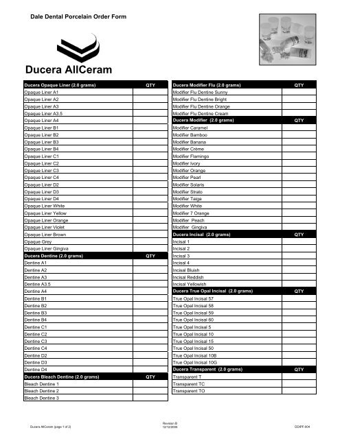 DUCERA ALLCERAM ORDER FORMS (8.15.05) - Dale Dental