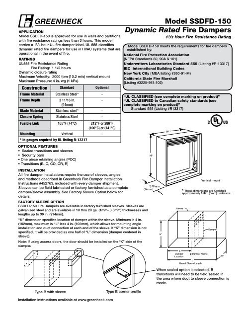 Model SSDFD-150 Dynamic Rated Fire Dampers - Greenheck