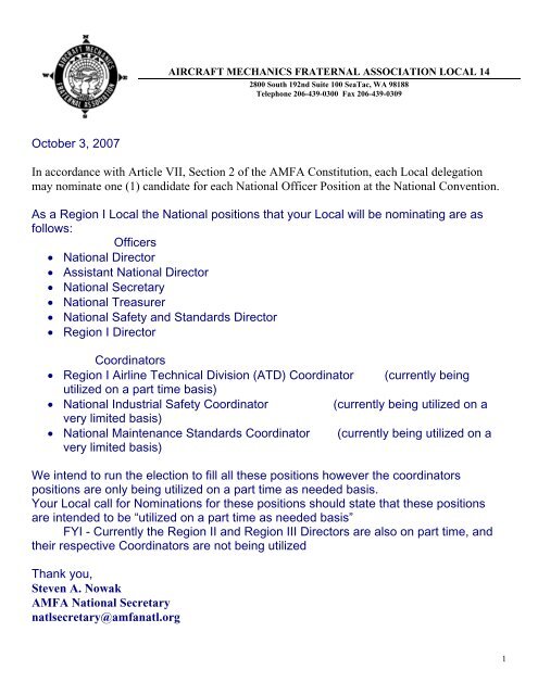 Here is the local letterhead that I have mysteriously ... - AMFA Local 14