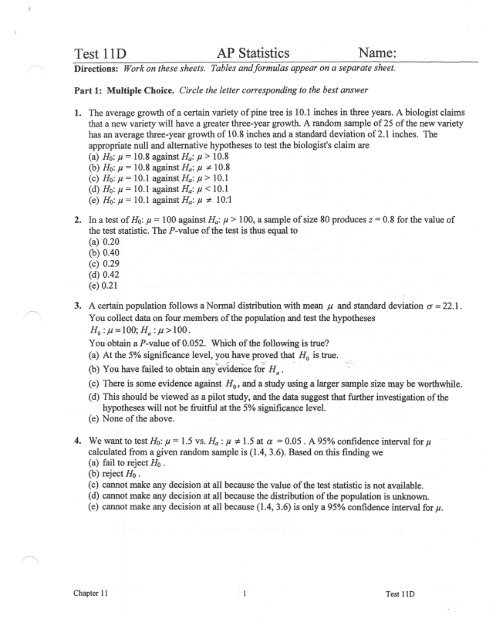 Practice Test 11D - Rowland High School