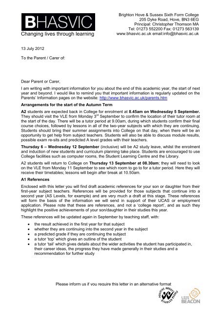 Summer Letter to Parents - July 2012 - BHASVIC